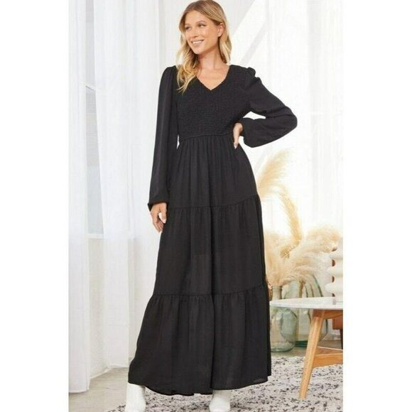 ANDREE BY UNIT | Dresses | Rio Smocked Long Sleeve Maxi Dress In Black ...